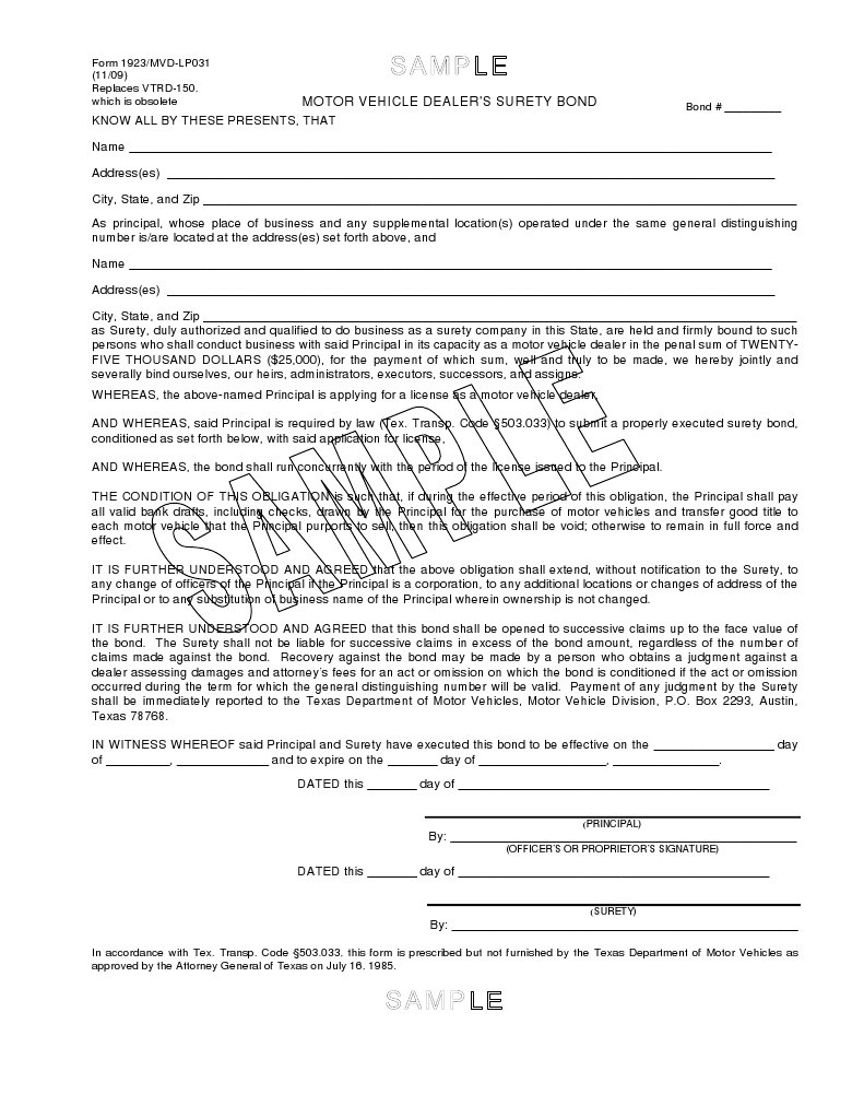Texas MVD Surety Bond Sample Form | PDF | Surety Bond | Bonds (Finance)