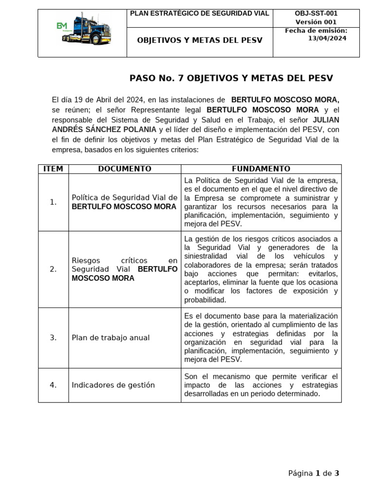 Paso No. 7 Objetivos y Metas Del PESV | PDF | Planificación estratégica | Seguridad vial