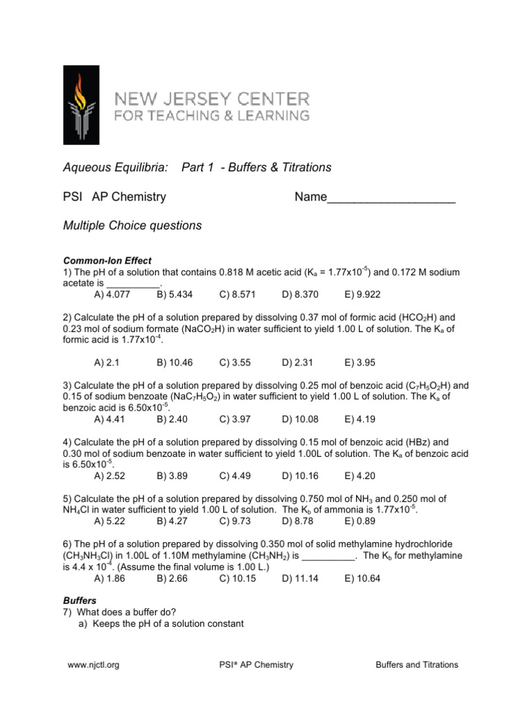 pH Calculations for Buffers and Titrations | PDF | Acid | Buffer Solution
