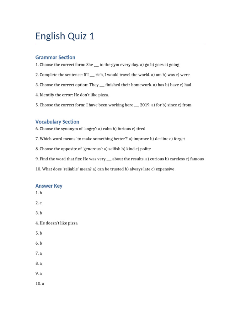 English Quiz 1 | PDF