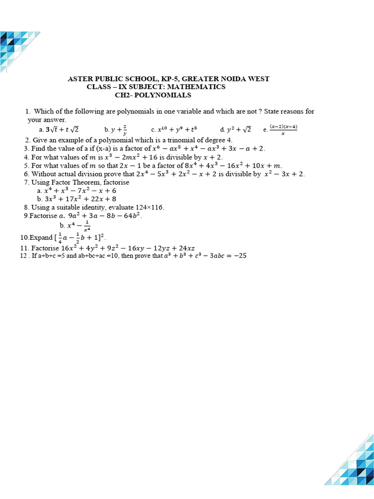 Class 9 Worksheet Ch 2-Polynomials | PDF