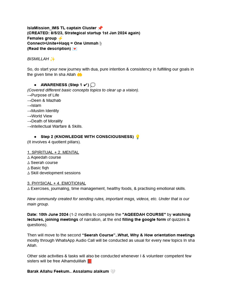 Guidelines For Akhwaat (IMS TL Cluster) | PDF