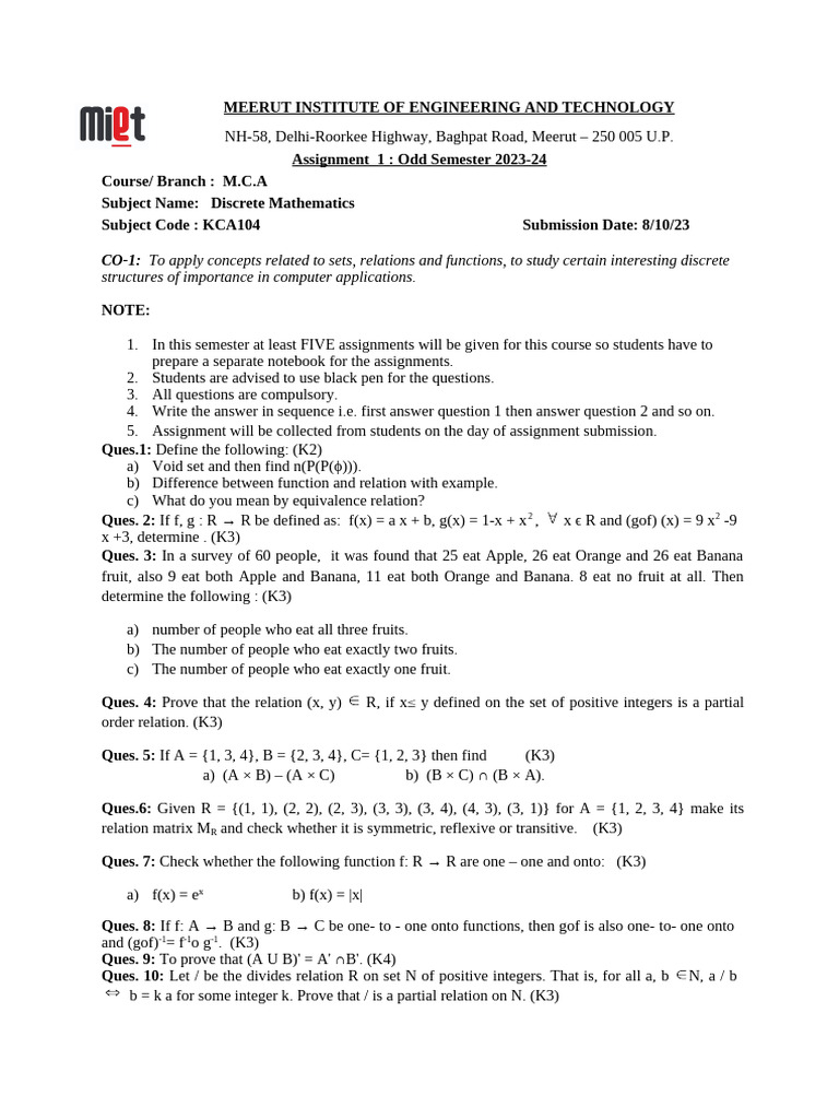 MCA Discrete Mathematics Assignment 2023 | PDF | Mathematics | Mathematical Analysis
