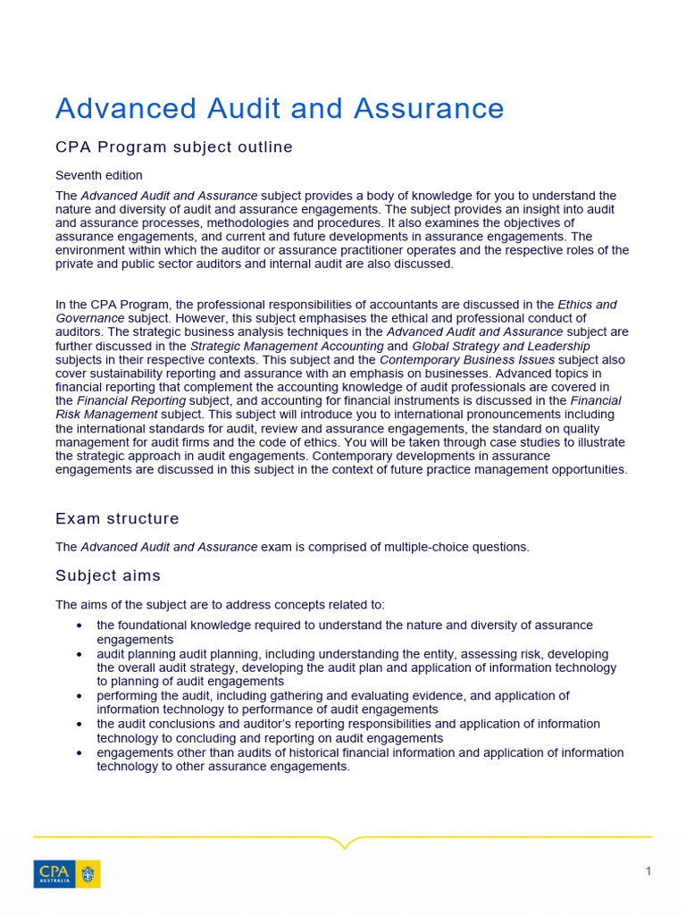 CPA Program Subject Outline Advanced Audit and Assurance Seventh ...