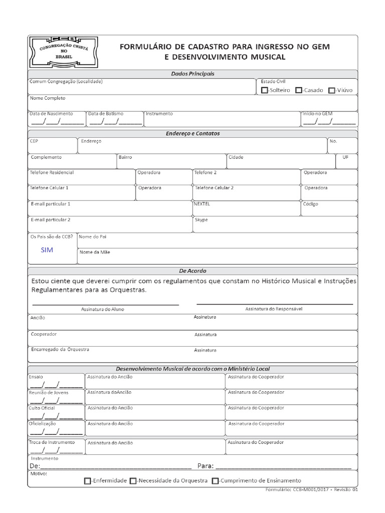 Formulário de Cadastro para Ingresso No GEM e Desenvolvimento Musical ...