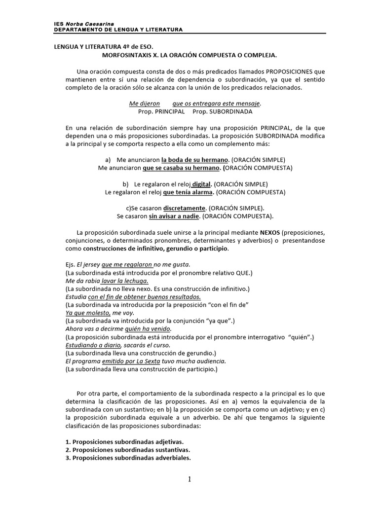 La Oracion Compuesta 4c2ba de Eso | PDF | Oración (Lingüística ...