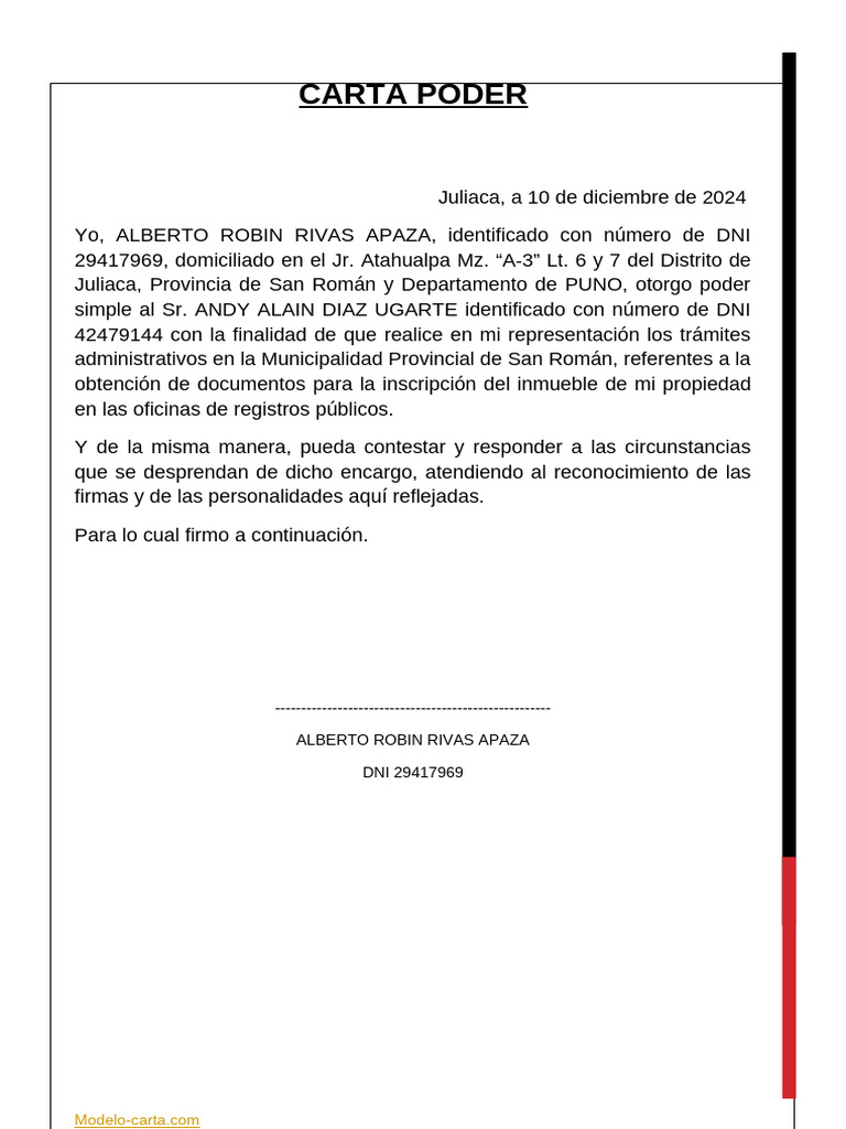 Carta-Poder-Simple Sr. Alberto Rivas Apaza Juliaca | PDF