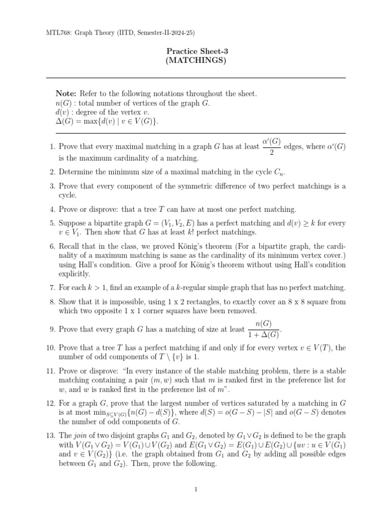 Practice Sheet - 3 Matchings | PDF | Graph Theory | Mathematical Relations
