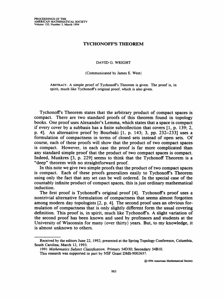 Tychonoff's Theorem PAMS 94 | PDF | Compact Space | Space