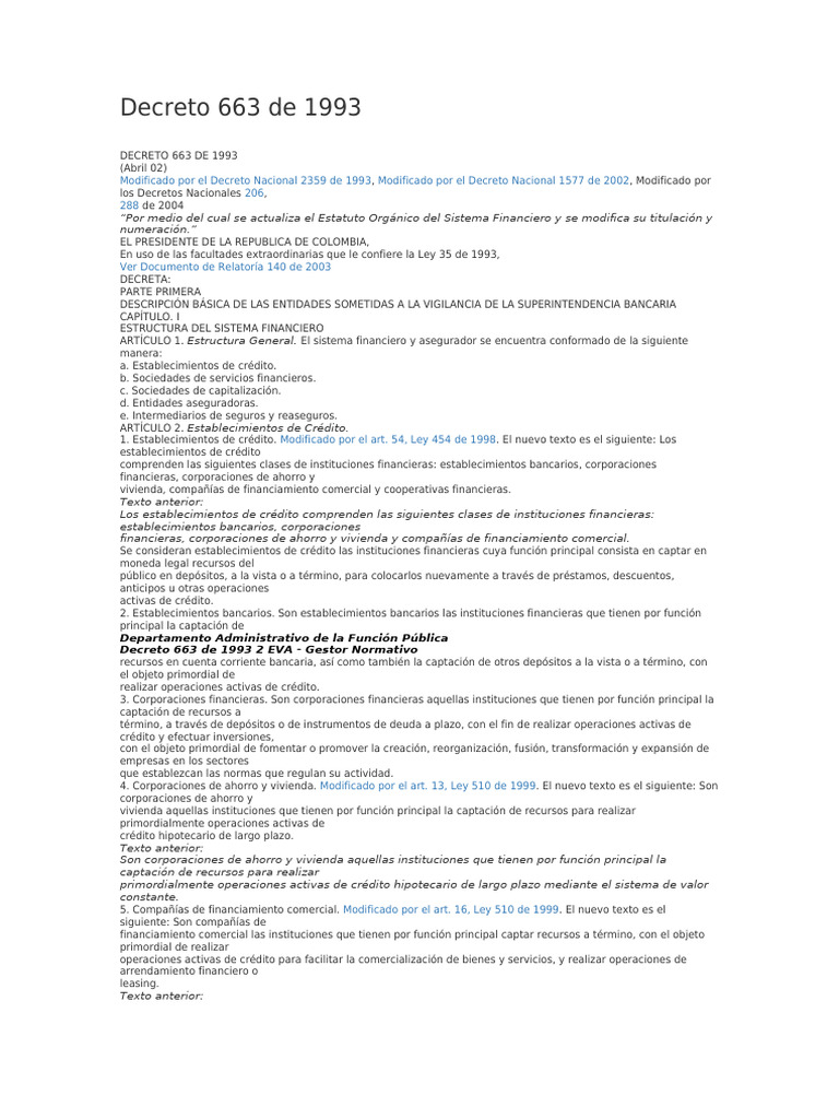 Decreto 663 de 1993 | PDF | Bancos | Préstamos