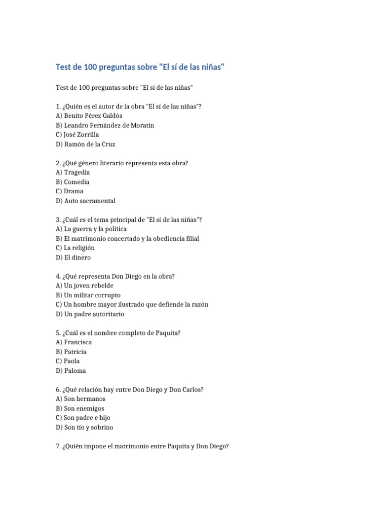 Test Completo 100 Preguntas El Si de Las Ninas | PDF