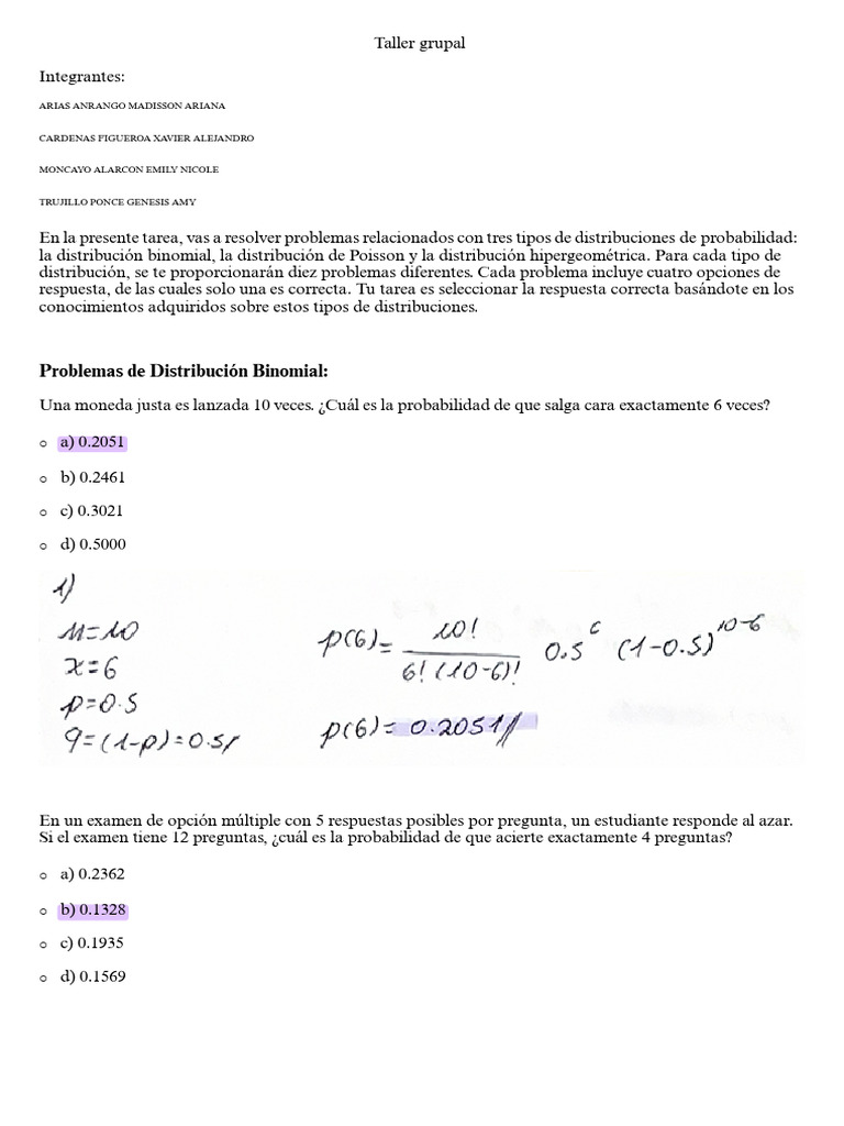 Tarea 1 Binomial, Poisson, Hipergrometrica | PDF | Probabilidad | Teoría de probabilidad