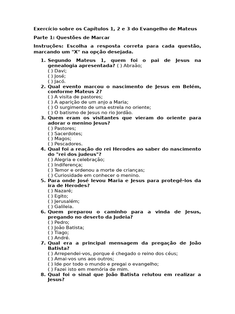 Exercícios Bíblico de Mateus | PDF | Jesus | João Batista