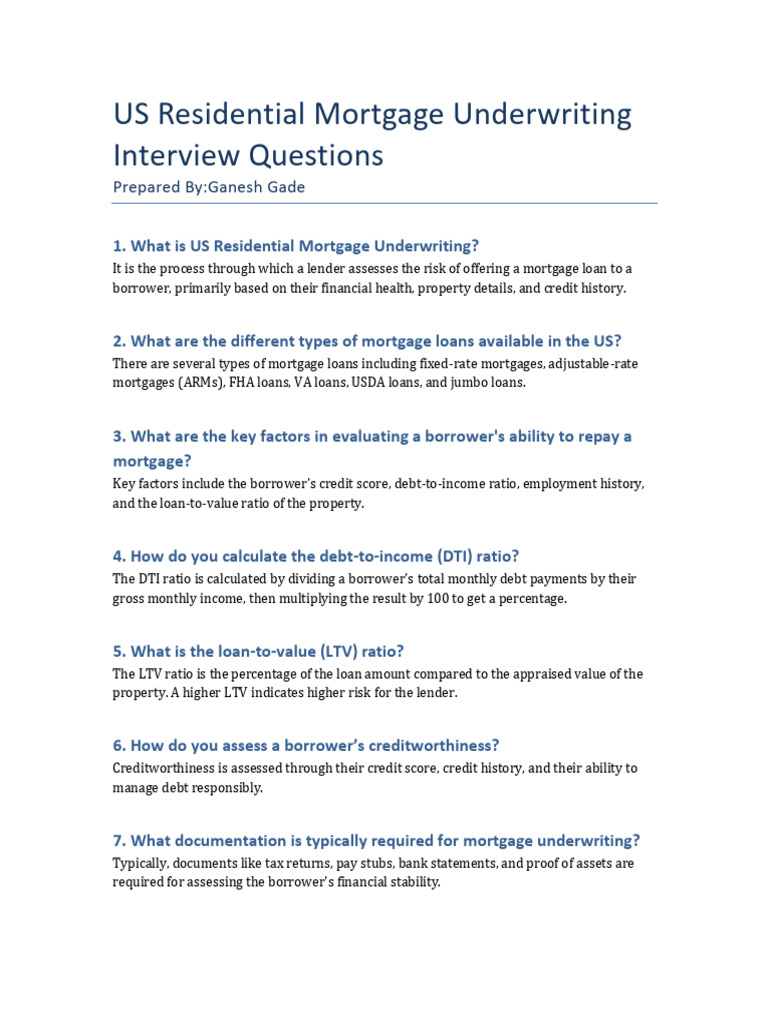 US Mortgage Underwriting Interview Guide | PDF | Mortgages | Loan To ...