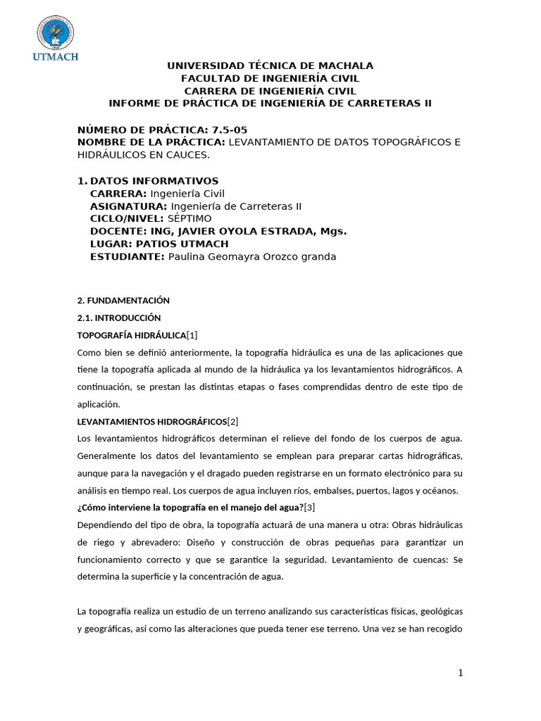2024 - 2 - Informe - Pract - 05 - Ingcarret Ii | PDF | Topografía | Agua