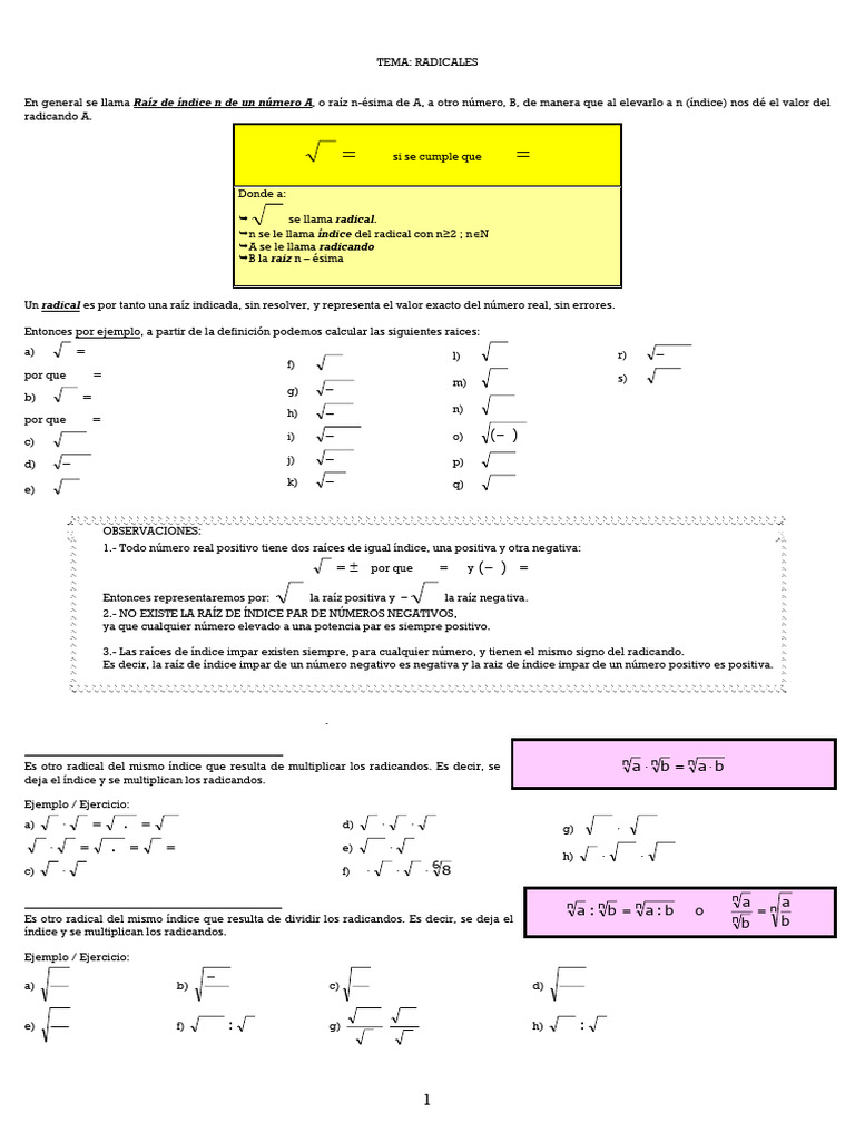Definición y Propiedades de Radicales | PDF | Conceptos matemáticos ...