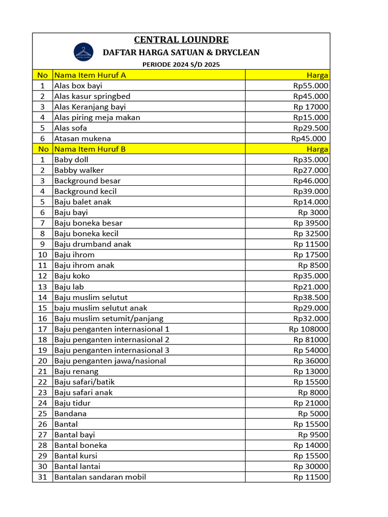 Daftar Harga CL 2025.xlsx - Google Spreadsheet | PDF