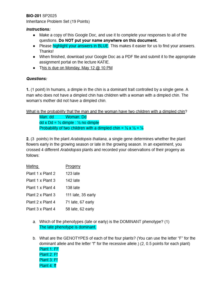 BIO-201 SP2025 - Inheritance Problem Set | PDF | Dominance (Genetics) | Zygosity