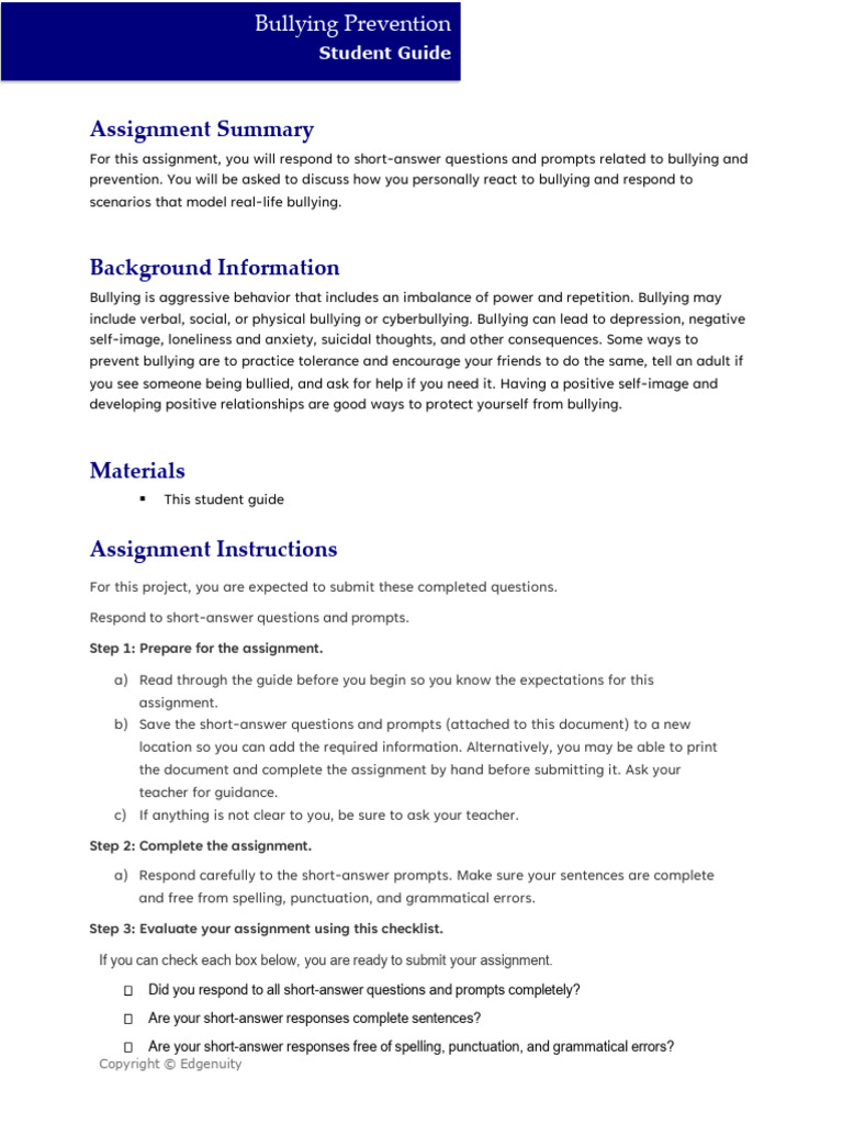 Project - Bullying Prevention - Student Guide | PDF | Bullying | Social ...