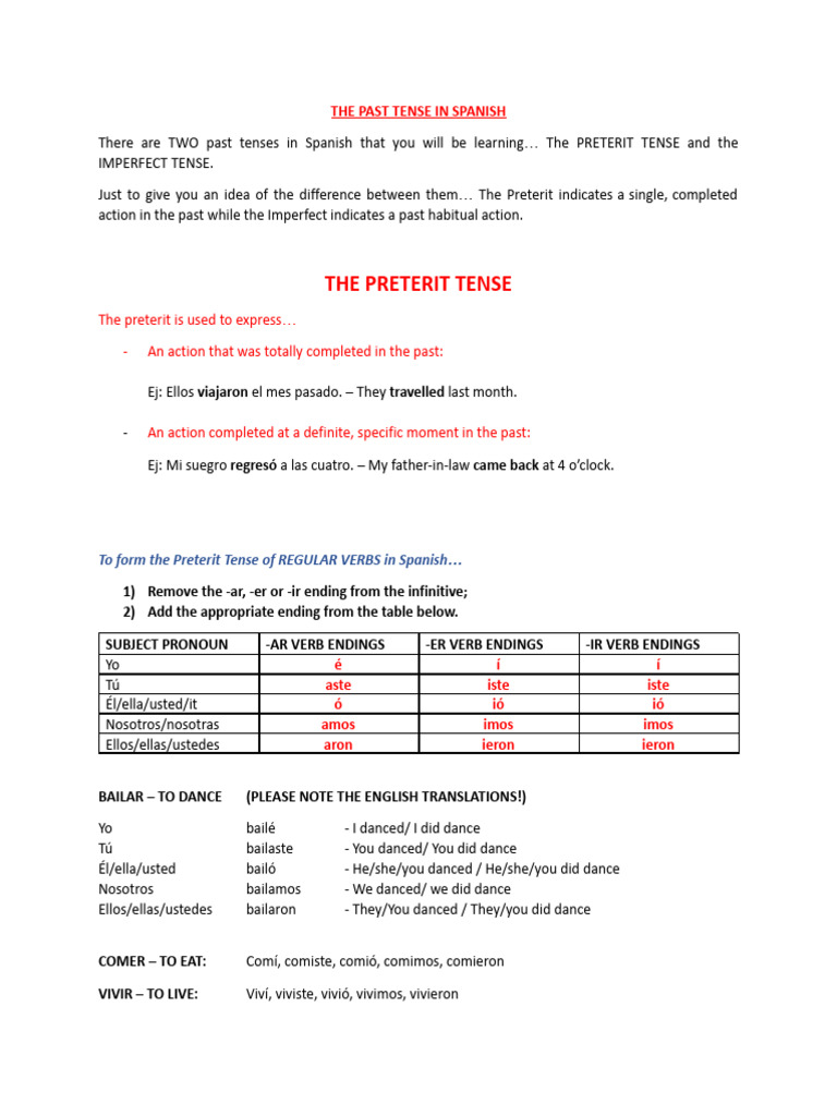 The Past Tense in Spanish - Preterit | PDF | Syntax | Linguistic Typology