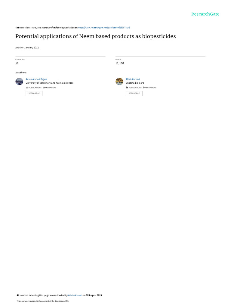 Potential Applications of Neem Based Products As Biopesticides | PDF ...