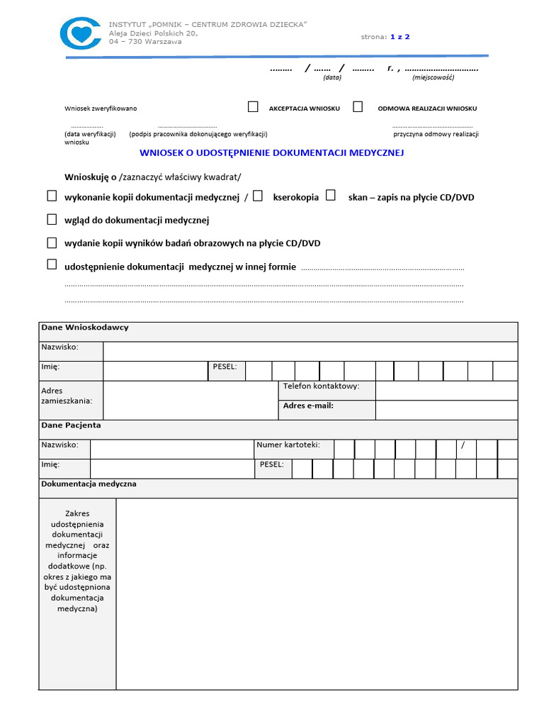 Wzor 1 Wniosek o Udostepnienie Dokumnetacji Medycznej | PDF