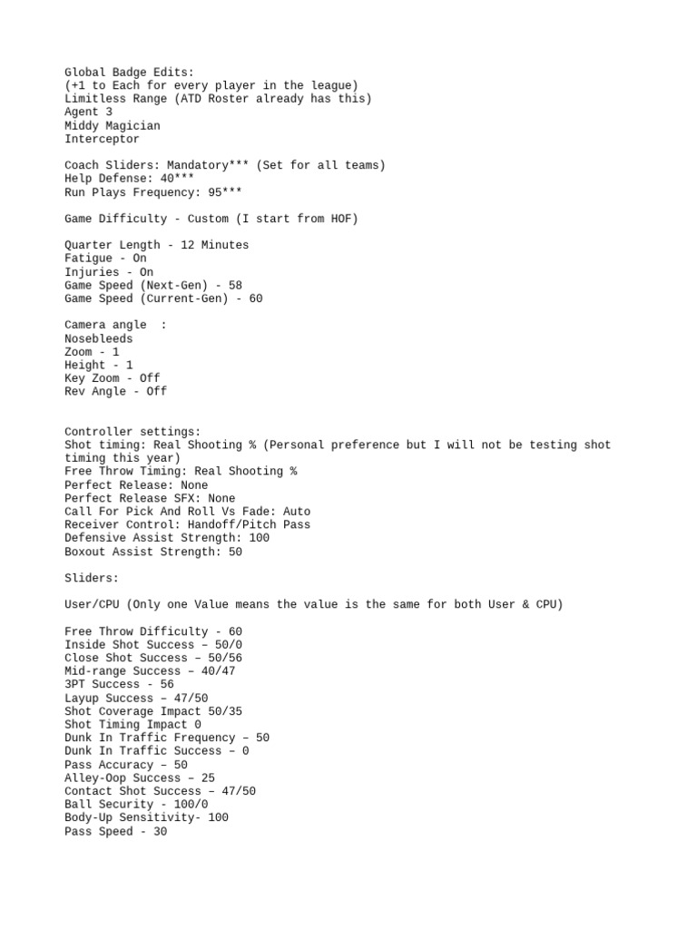 NBA 2K Sliders and Settings Guide | PDF | Games Of Physical Skill | Indoor Sports