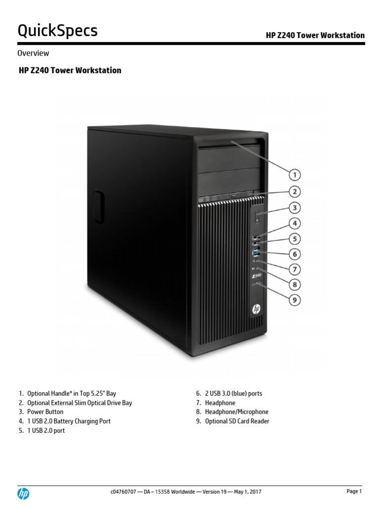HP Z240 Tower Workstation Specs | PDF | Solid State Drive | Usb