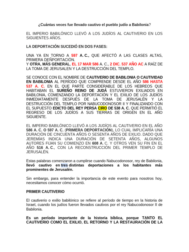 Cuántas Veces Fue Llevado Cautivo El Pueblo de Israel A Babilonia | PDF ...