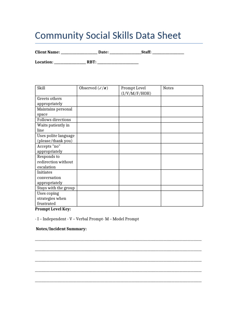 Community - Social - Skills - Data - Sheet. AM | PDF