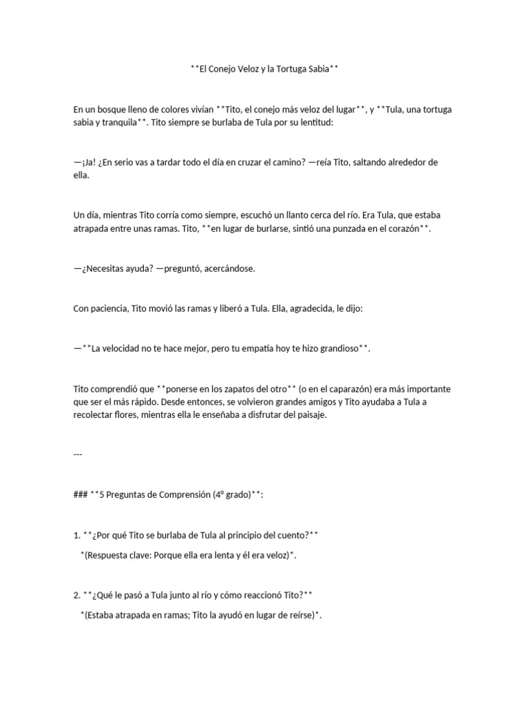 El Conejo Veloz y La Tortuga Sabia | PDF