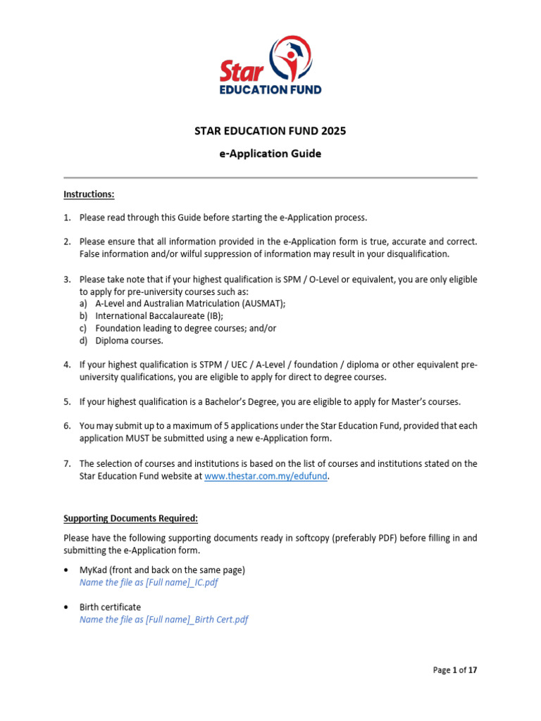 Star Education Fund 2025 e Application Guide | PDF | Academic Degree ...