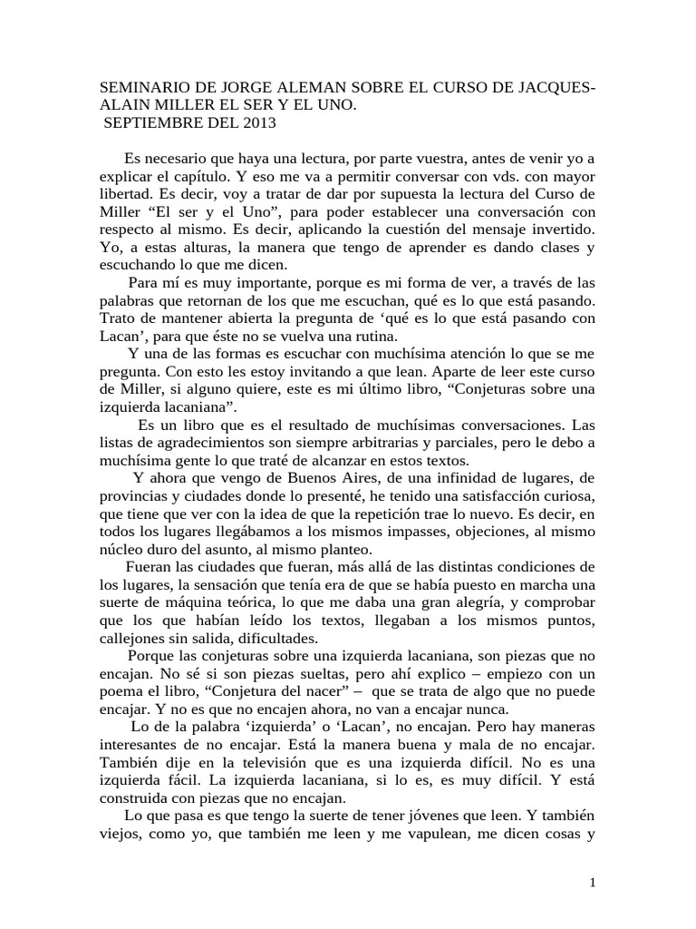 Seminario de Jorge Alemán: Lacan y Miller | PDF | Jacques Lacan | Verdad
