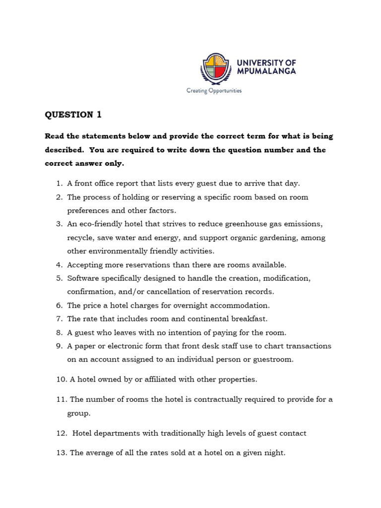 Hotel Front Office Exam Questions | PDF | Hotel