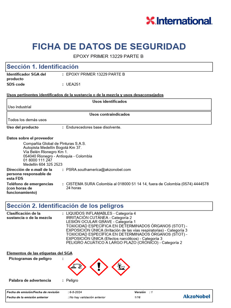 Ficha de Seguridad EPOXY PRIMER 13229 B | PDF | Agua | Ventilación ...