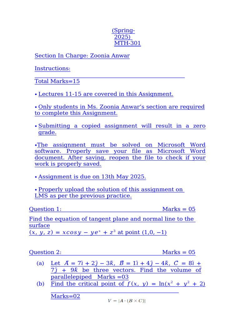 MTH301 Assignment 1 - Zoonia Anwar (BSCS) . | PDF