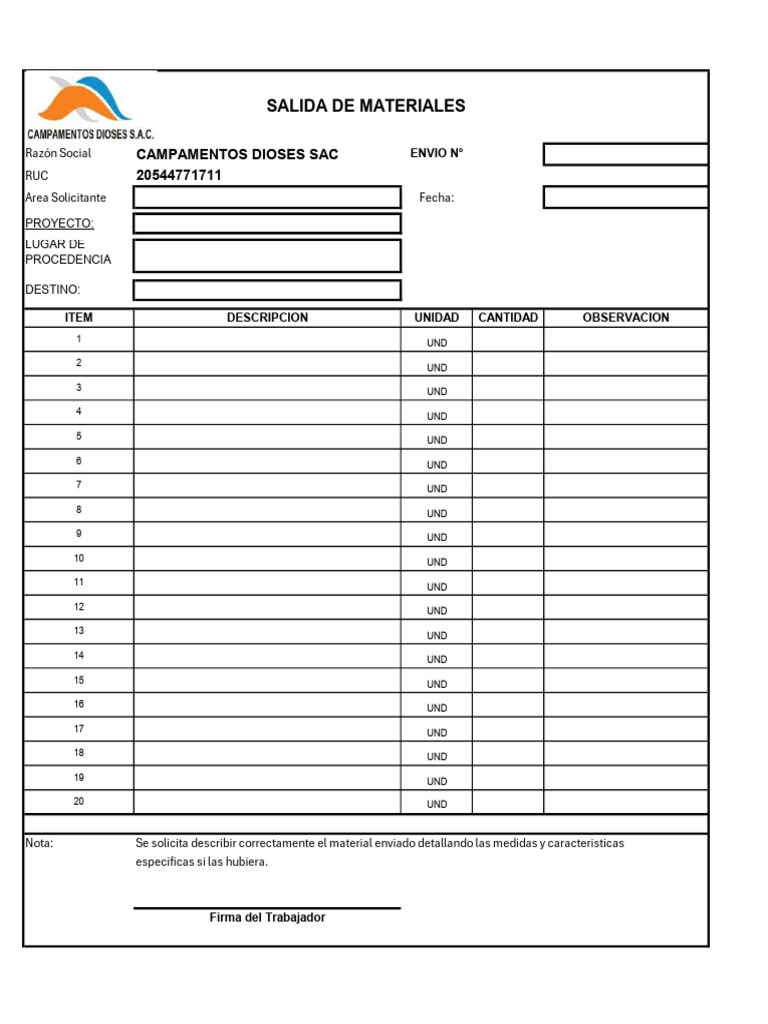 Formato Salida De Materiales Pdf
