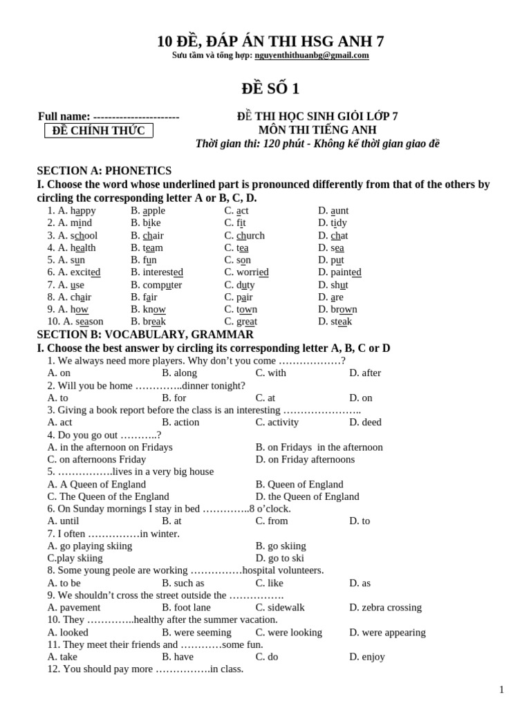 Tuyen Tap de Thi HSG Anh 7 | PDF