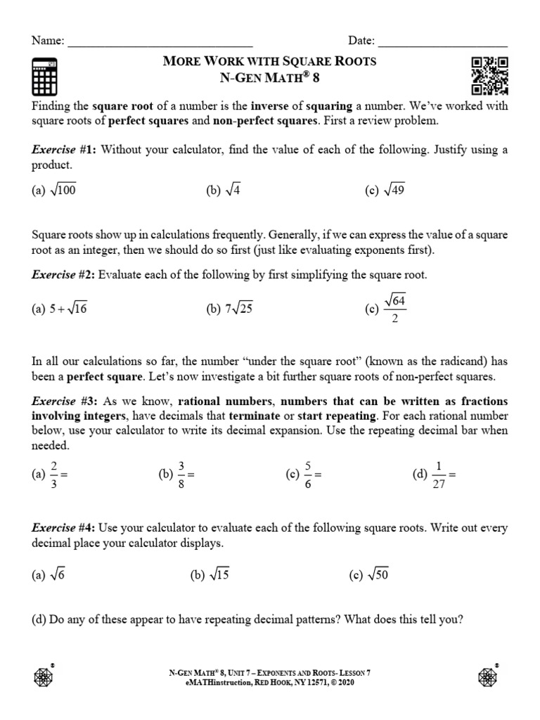 N Gen Math 8.unit 7.lesson 7.more Work With Square Roots | PDF ...