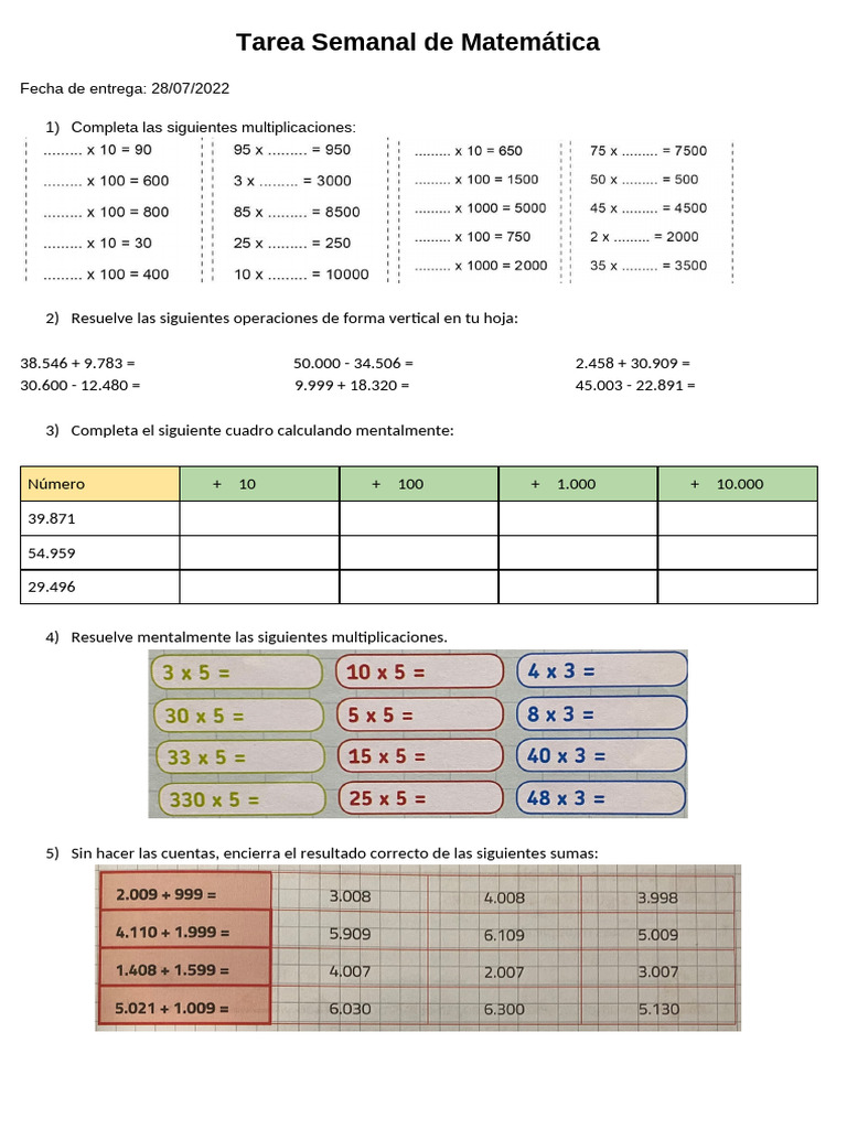 1 Tarea Semanal de Matemática | PDF