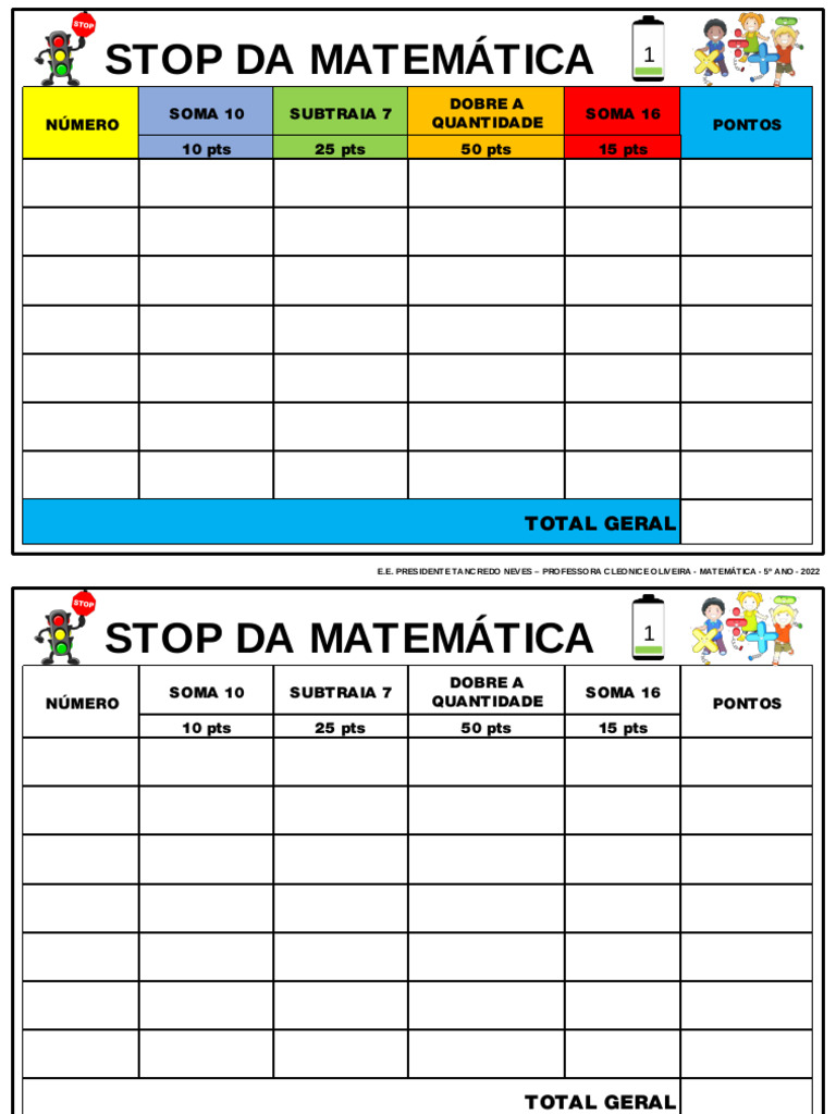 Jogo Stop Da Matemática | PDF | Matemática