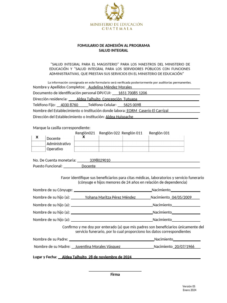 Formulario de Adhesión 2024 Al Programa Salud Integral Versión 05 | PDF