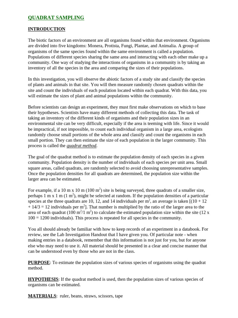 Quadrat Sampling With Beans | PDF