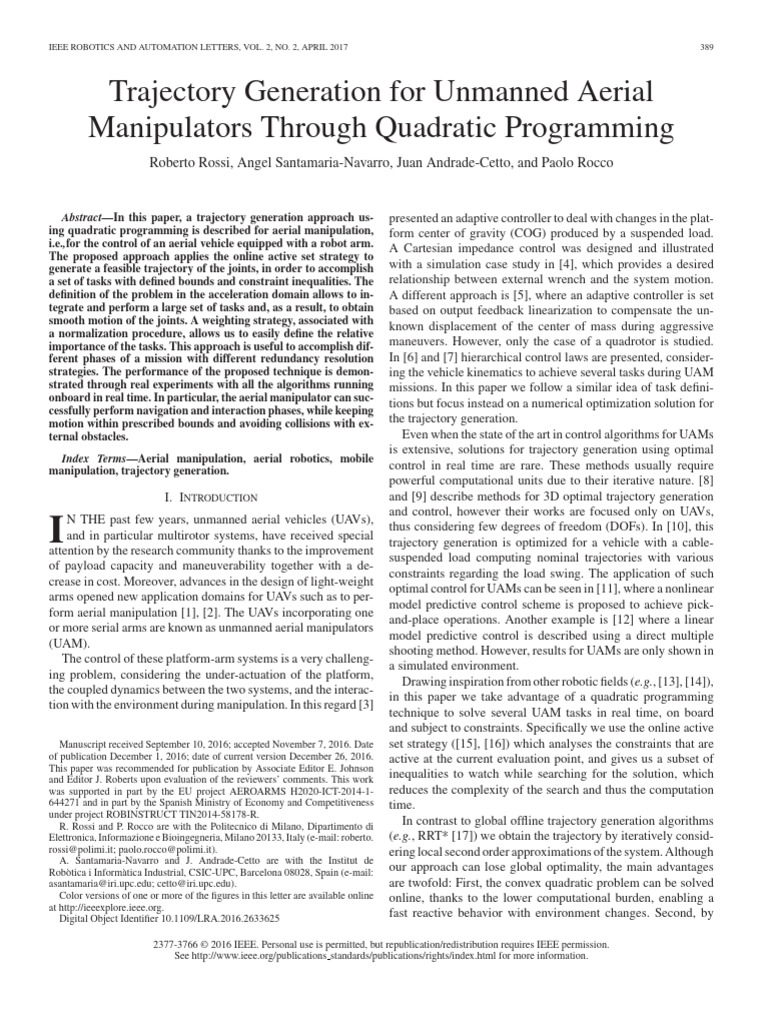 Trajectory Generation For Unmanned Aerial Manipulators Through Quadratic Programming RAL-2017 2 ...