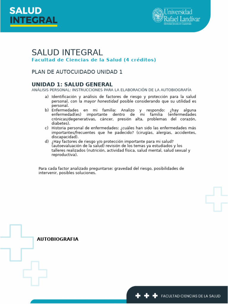Plan de Autocuidado Unidad 1 | PDF | Sicología