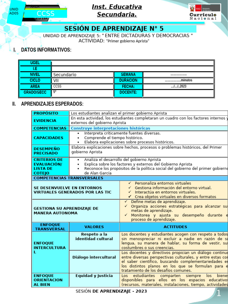 Sesion CCSS 5° Sec-Semana 05 Uni 5 | PDF | Aprendizaje | Enseñando