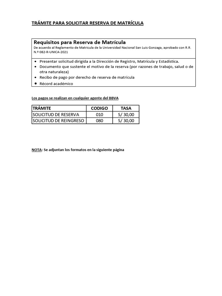 Formato Reserva Matricula | PDF