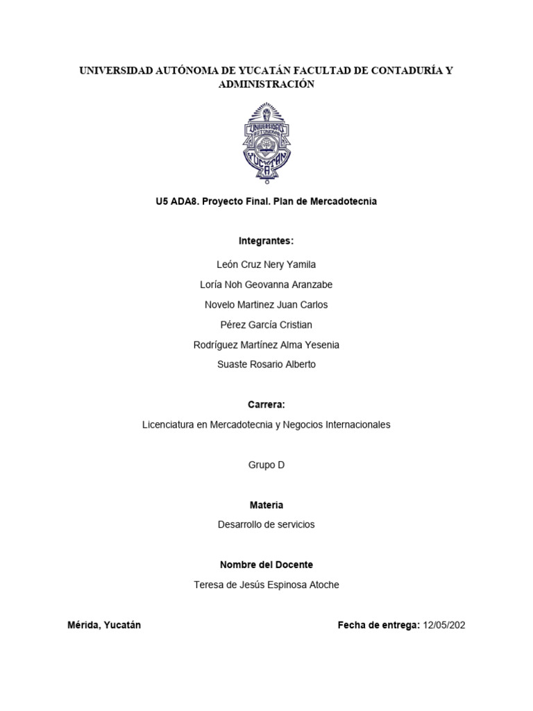 U5 ADA8. Proyecto Final. Plan de Mercadotecnia | PDF | Marketing | Calidad (comercial)