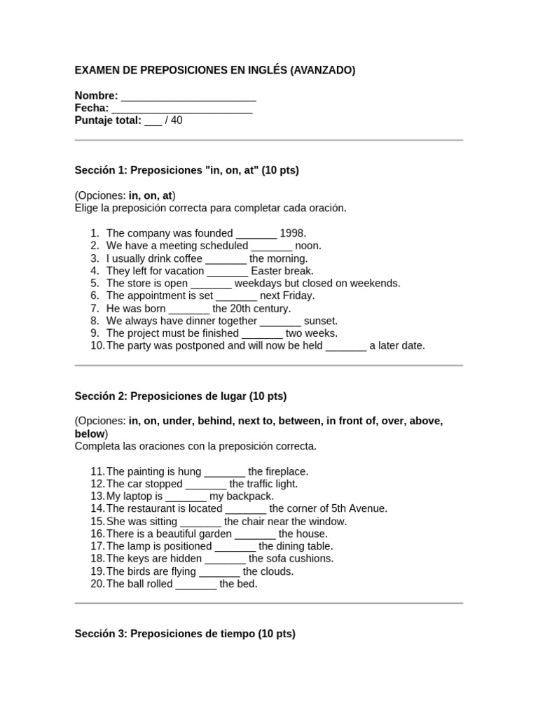 Examen de Preposiciones en Inglé1 | PDF