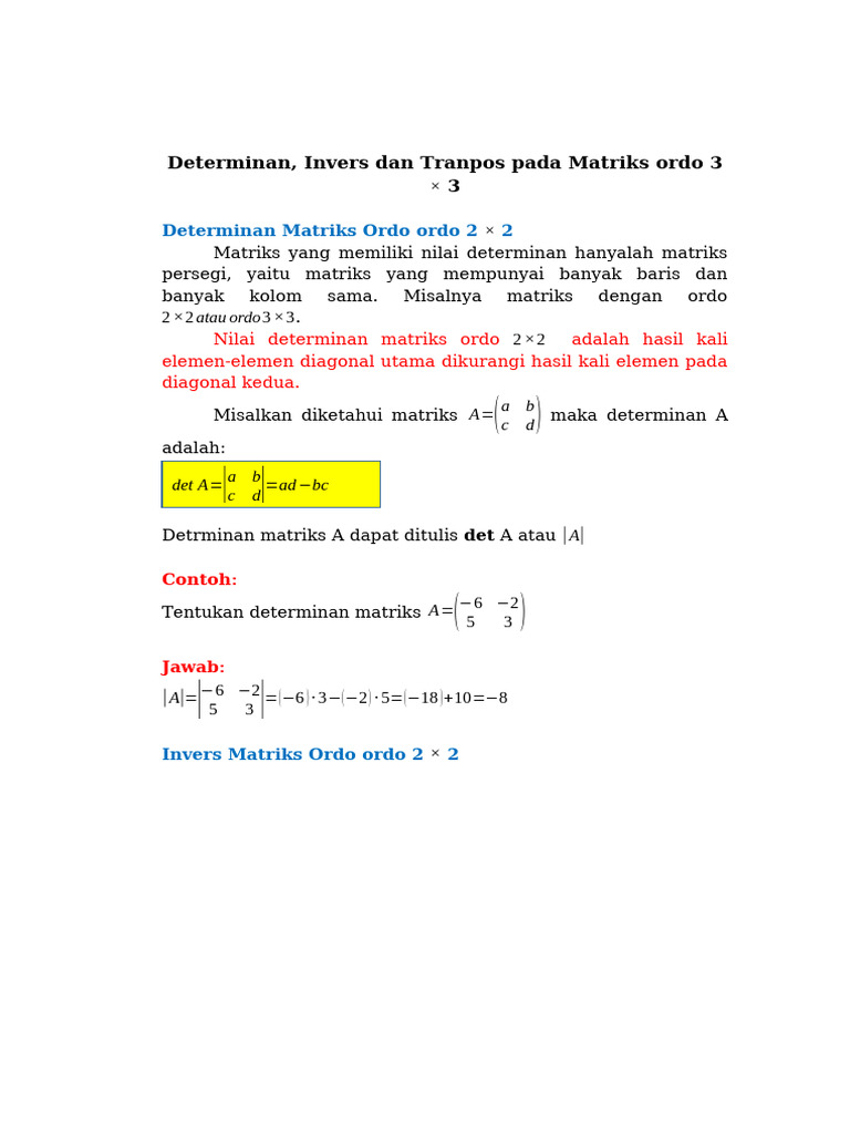 Determinan, Invers Dan Transpose Matriks Orod 3x3 | PDF